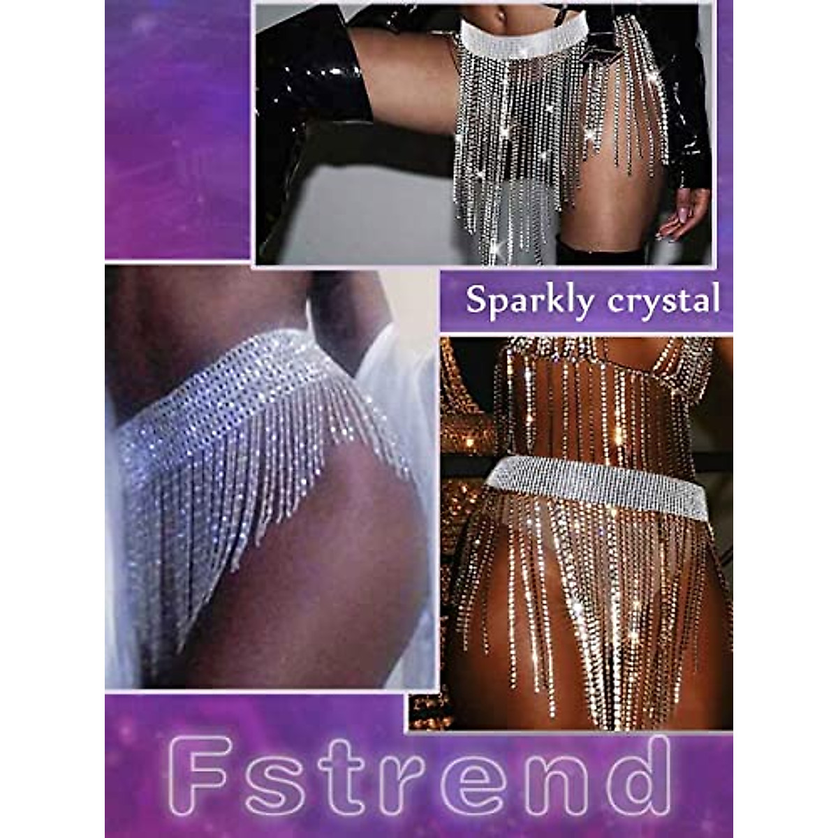 Fstrend Crystal Tassel Body Chains Rhinestone Fringe Skirts Belly Waist Hip Chain Rave Nightclub Jewelry Accessories for Women (Silver)
