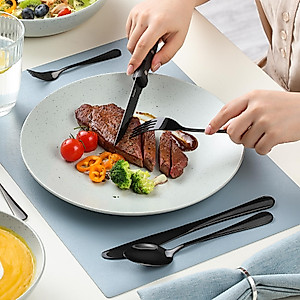 Velaze 48Pcs Black Silverware Set for 8 with Steak Knives, Stainless Steel Flatware Set, Mirror Polished Cutlery Set, Home Eating Tableware Set, Kitchen Utensils Set With Forks Spoons and Knives Set