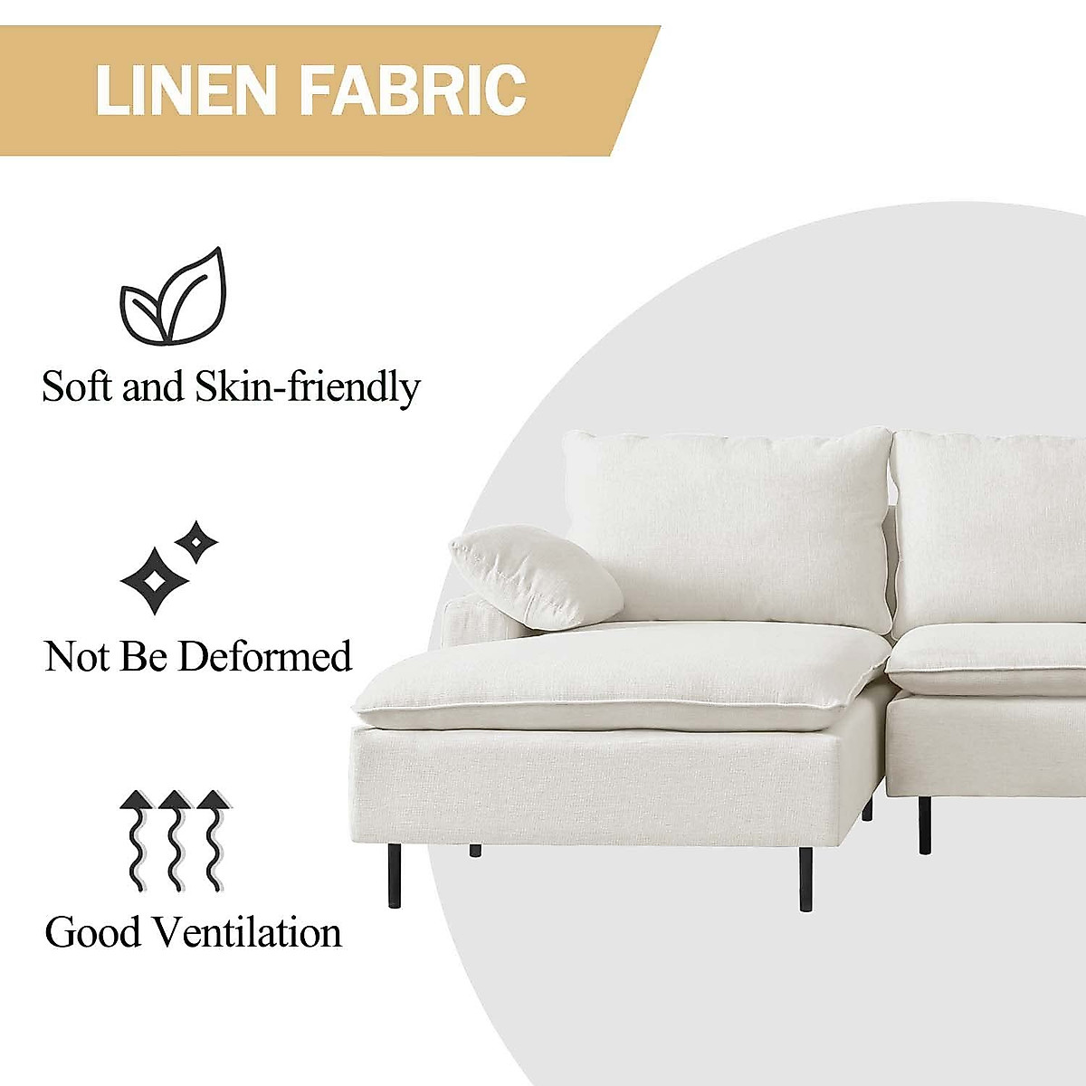 L Shaped Sectional Couches for Living Room, Comfy Sectional Sofa with Chaise Linen Fabric Furniture Sets for Apartment, Office, Beige