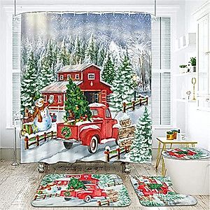 Alishomtll 4 Pcs Christmas Shower Curtain Sets with Non-Slip Rugs, Toilet Lid Cover, Bath Mat and 12 Hooks, Xmas Red Truck Shower Curtain for Christmas Bathroom Decoration Sets