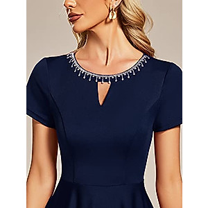 Ever-Pretty Women's Plus Size Rrhinestone Neckline Short Sleeves A-Line Mini Graduation Dresses Navy Blue 3XL