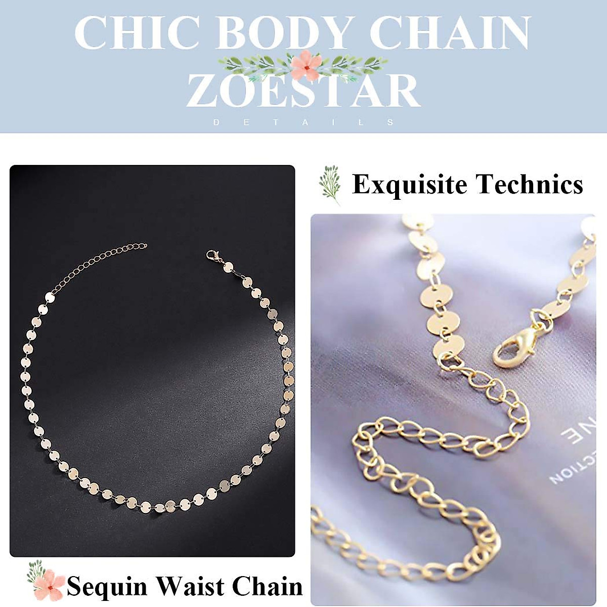 Zoestar Sequin Bikini Body Chain Beach Gold Waist Chain Body Jewelry for Women （1PC)