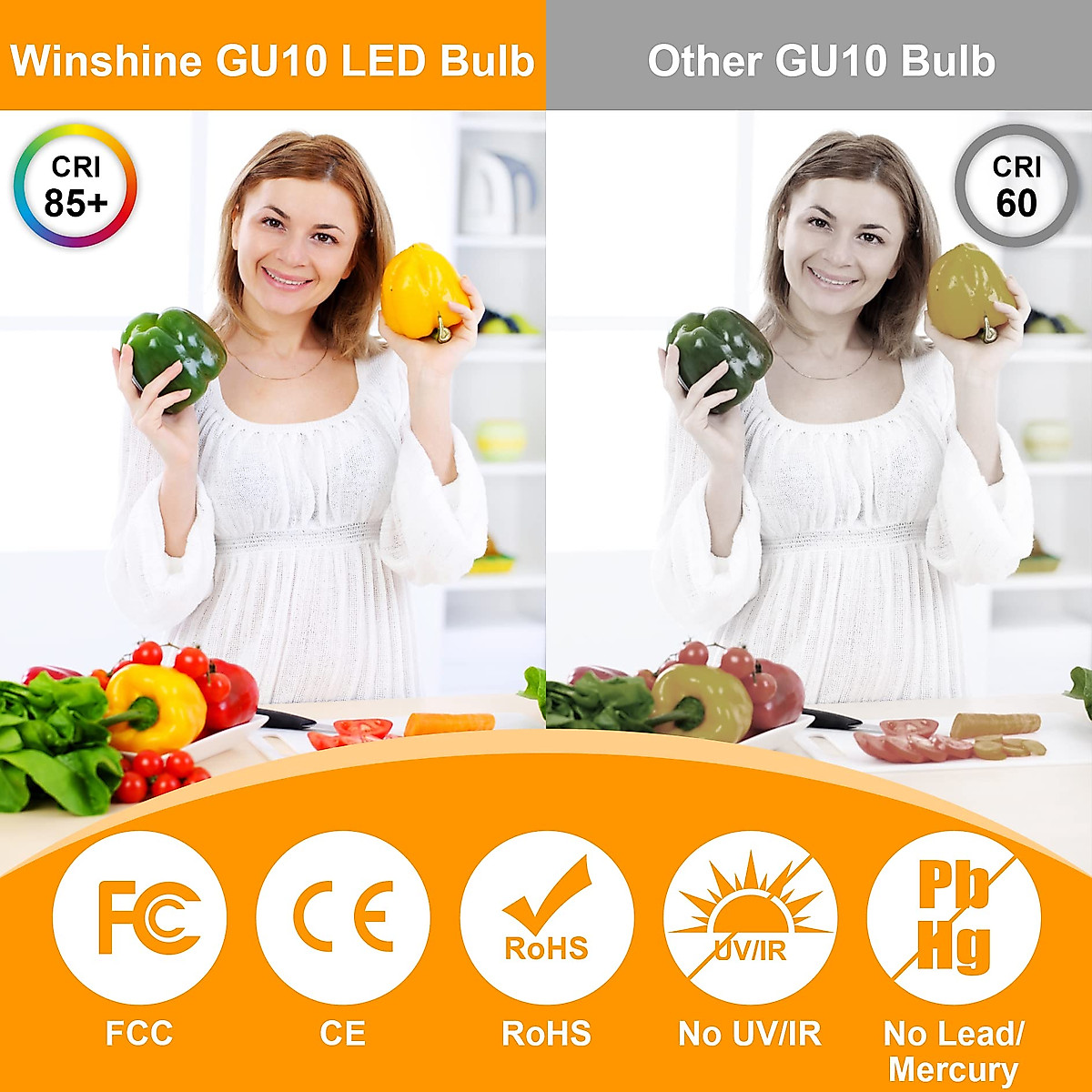 winshine GU10 LED Bulb, 50W Halogen Equivalent Light Bulbs, 3000K Warm White 2 Prong Base GU10 Bulb, LED Halogen Replacement Bulbs for Recessed Track Light 120V 550LM 120 Degree, Non-Dimmable 6 Pack