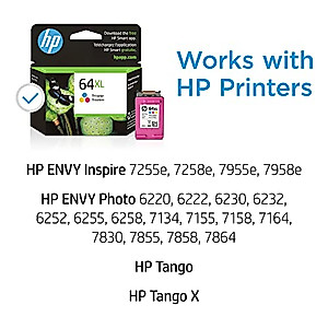 HP 64XL Tri-color High-yield Ink Cartridge | Works with HP ENVY Inspire 7950e; ENVY Photo 6200, 7100, 7800; Tango Series | Eligible for Instant Ink | N9J91AN