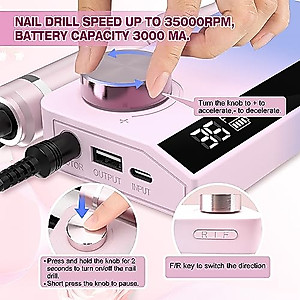Professional Nail Drill Machine,Electric Acrylic Gel Nails Kit Portable E File 35000RPM Rechargeable Manicure Pedicure Polishing Shape Tools for Home and Salon (UV-501（Multicolor）)