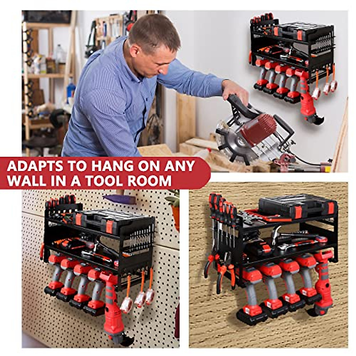JUJULY Power Tool Organizer Wall Moun 5 Drill Holdert,Garage Heavy Duty Floating Tool Organization And Storage For Workshop Shelves