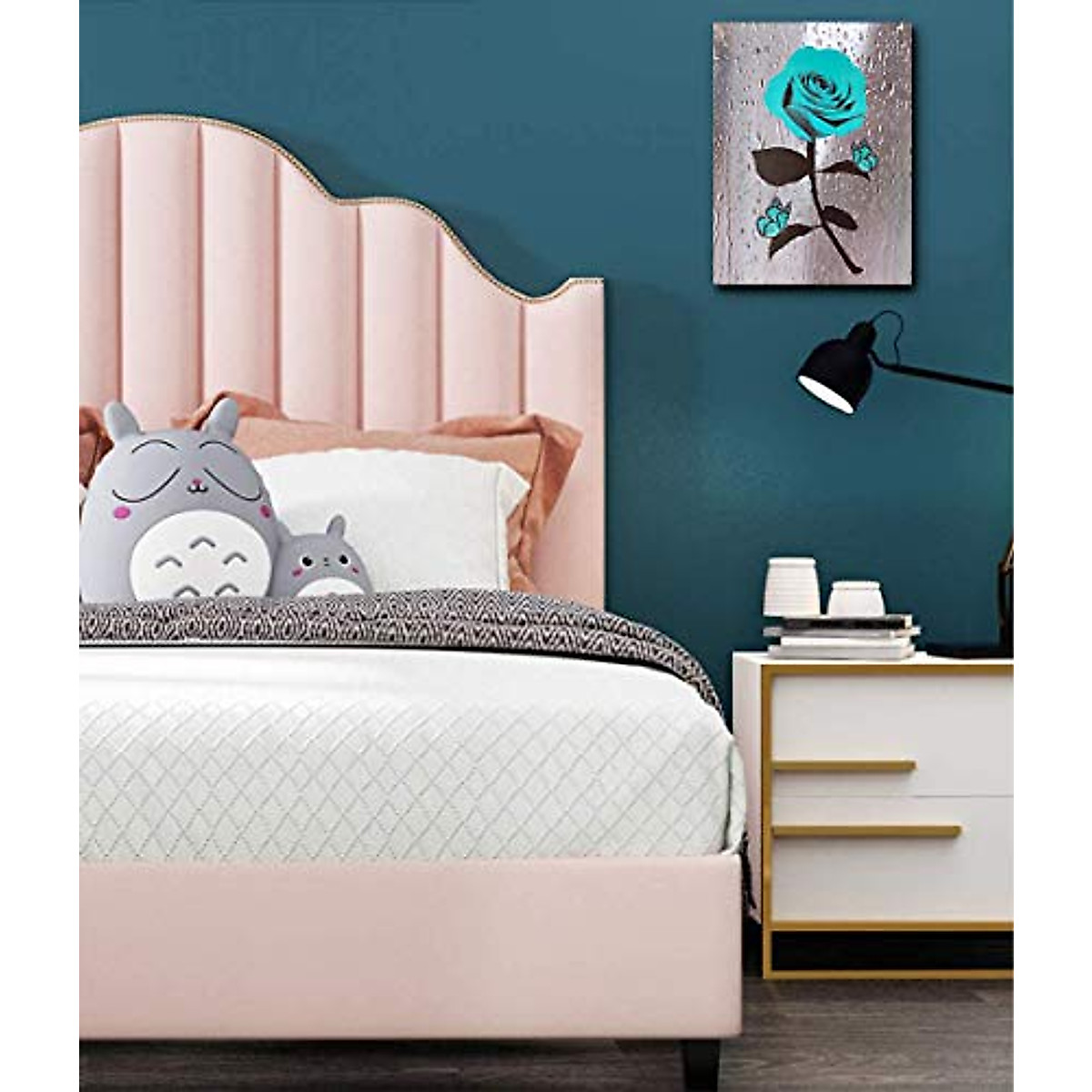 Rtriel Teal Rose Canvas Wall Art Turquoise Blue Flower Prints Contemporary Black and White Pictures for Bathroom Wall Decor 12 x 16 Inch