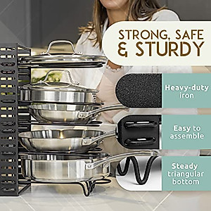 GeekDigg Pot Rack Organizer For Cabinet or Countertop, 3 DIY Methods Pot Rack, Height and Position are Adjustable 8+ Pots and Pan Lid Holder, Black Metal Kitchen Pantry Organizer Upgraded Version