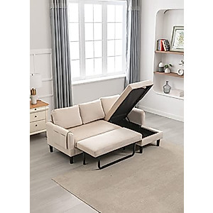Eafurn 3 Seater Sectional Chaise Lounge, L Shaped Convertible Pull Out Bed and Storage, Comfy Velvet Upholstery Corner Sofa & Couches for Living Room Office, 72.44"D x 50"W x 31.5"H, Beige Soft 72.44"