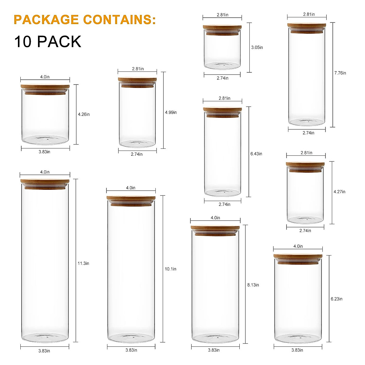Cadamada Clear Glass Storage Jars with Lids,Airtight Food Storage Canisters with Bamboo Lids,Glass Pantry Storage Containers for Kitchen,Pantry,Flour,Coffee,Cereal,Spice,Beans,Pasta,Powder(10 pcs)