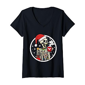 Skeleton Drinking Chocolate Winter December Christmas V-Neck T-Shirt