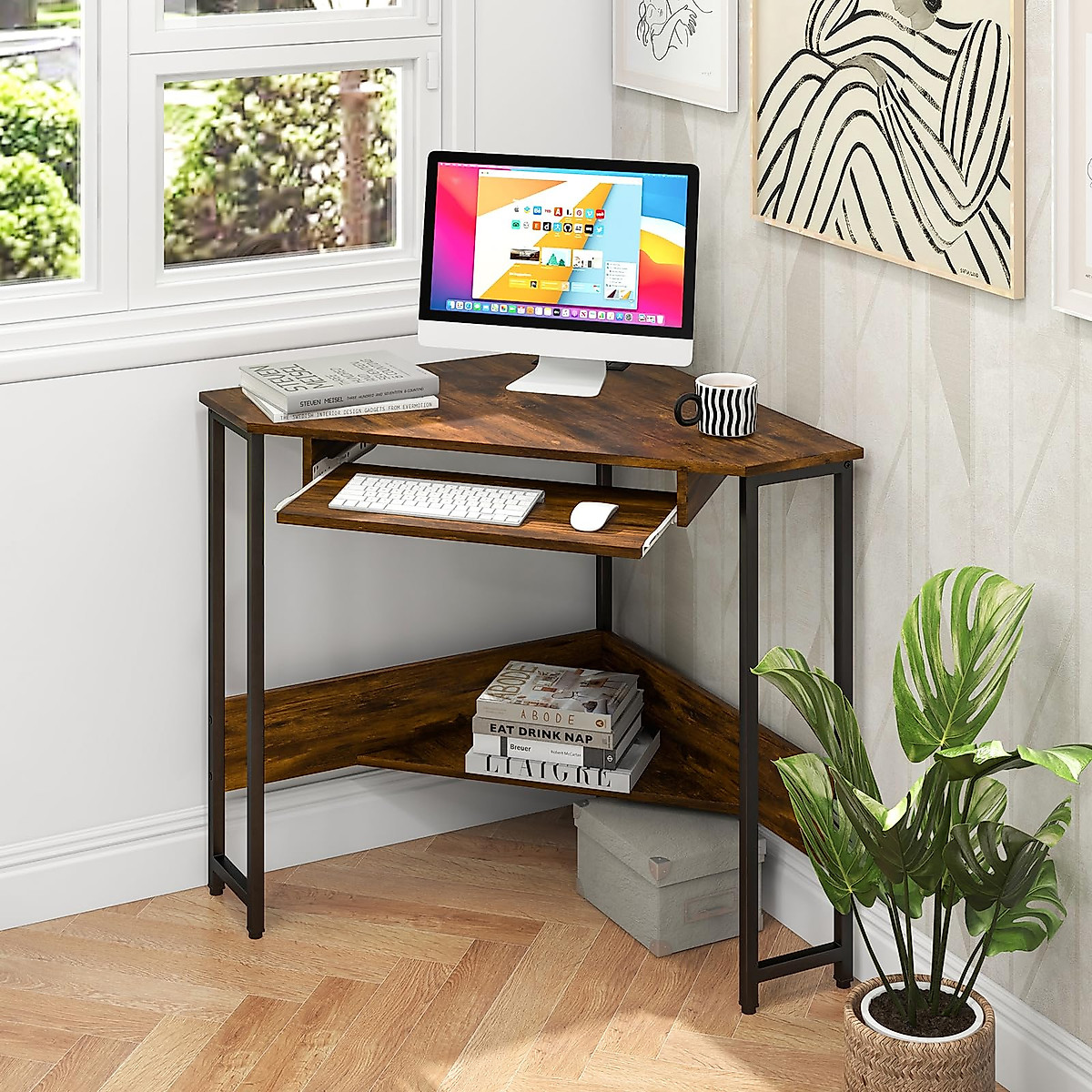 Giantex Corner Desk with Power Outlets, Small Corner Computer Desk with Keyboard Tray & Storage Shelf, Corner Office Desk for Small Space, Triangle Workstation for Home Office, Living Room, Bedroom