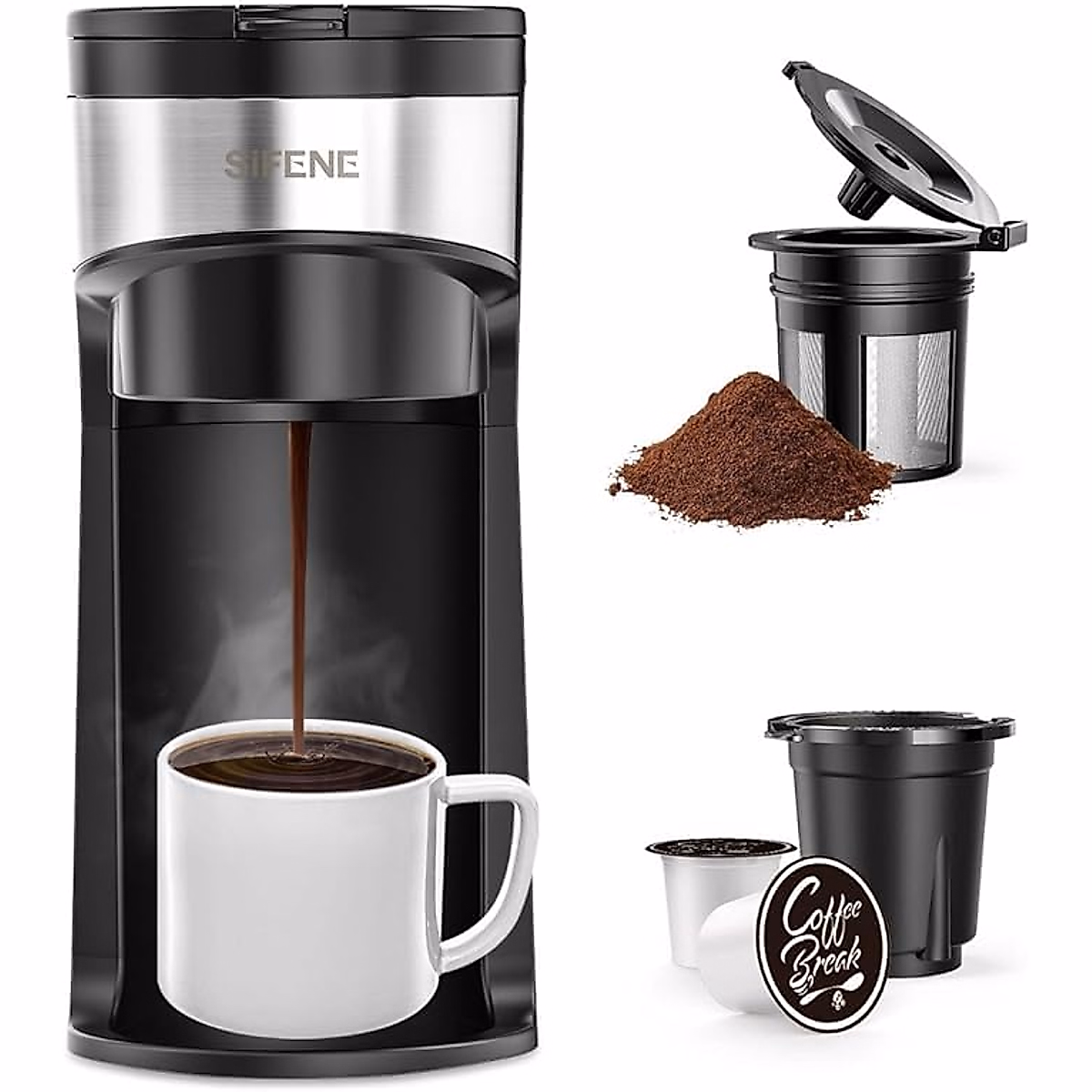 SIFENE Mini Coffee Maker Single Serve Instant Coffee Brewer, One Cup for K Pod & Ground Coffee, Capsule Coffee Machine with Water Window and Descaling Reminder (Black)