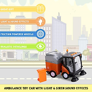 Toy To Enjoy Street Sweeper Toy Truck with Light & Sound Effects - Friction Powered Wheels, Removable Garbage Can & Rotating Brushes - Heavy Duty Plastic Cleaning Vehicle Toy for Kids & Toddlers