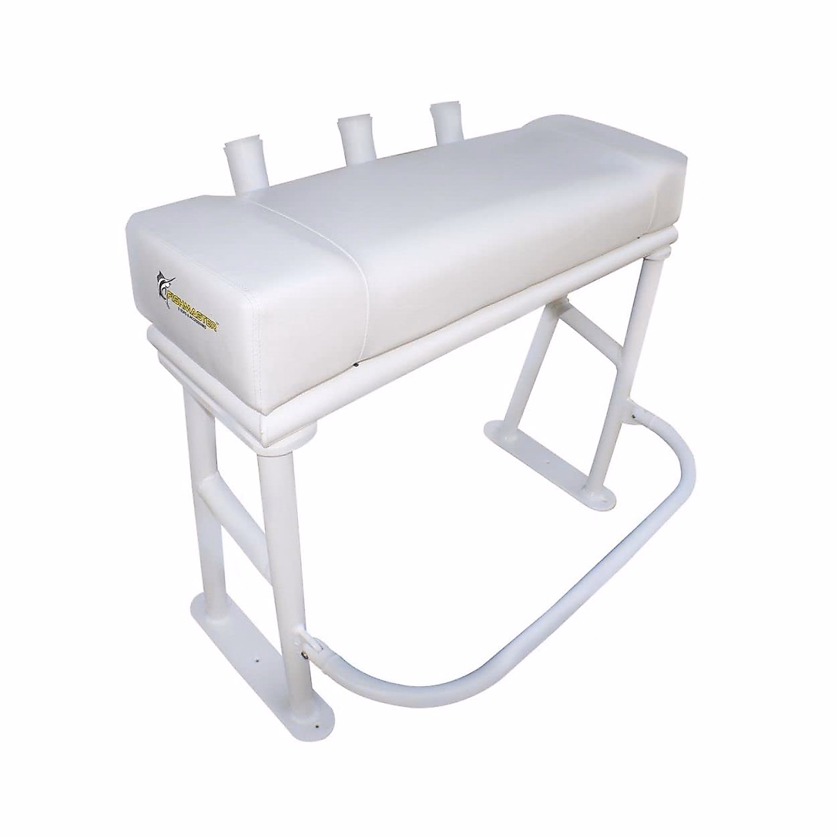 Fishmaster Original Leaning Post for Center Console Fishing Boats – Three Rocket Launcher Rod Holders, Rectractable Footrest, Flow Through Foam – White Upholstery/White Powder Coat