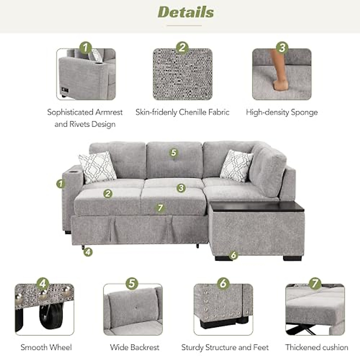 EOVTK Reversible Sectional Pull-Out Sofa Bed, L-Shaped Corner Couch with Storage Chaise, USB Ports, Power Sockets, Cup Holder for Living Room, Light Gray