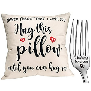 Boyfriend Gifts Long Distance, Boyfriend Gifts from Girlfriend, Boyfriend Gifts for Birthday, Hug This Pillow Until You Can Hug Me, 18x18 inch Pillow Cover + Fork Gift Set,