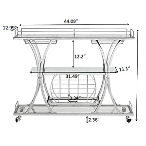 RARZOE Bar Serving Cart with Glass Holder&Wine Rack, Mobile Kitchen Serving Cart Wine Cart, 3-Tier Kitchen Trolley with Tempered Glass Shelves&Sliver-Finished Metal Frame for Home Dining Room(Silver)