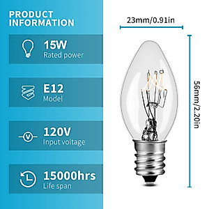 15W Salt Rock Lamp Bulb, 15 Watt Replacement Bulbs for Himalayan Salt Lamps & Baskets, Chandeliers, Scentsy & Wax Warmers, Night Lights. Incandescent E12 Socket with Candelabra Base, C7, 12 Packs