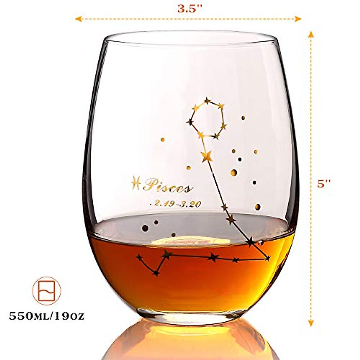 Pisces Wine Glass Pisces Gift 20oz Golden, Stemless Wine Glasses, Constellation Glass Define Design, Horoscope Gift, Astrology Gift for Women Men