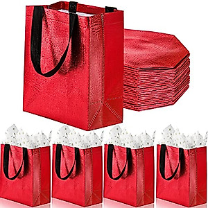 Dicunoy 40 Pack Reusable Gift Bags with Handles, Glossy Grocery Shopping Bags, Medium Size Stylish Bag for Wedding, Foldable Non-woven Red Tote Bags for Bridal Shower, Birthday, Hoilday Party Favors