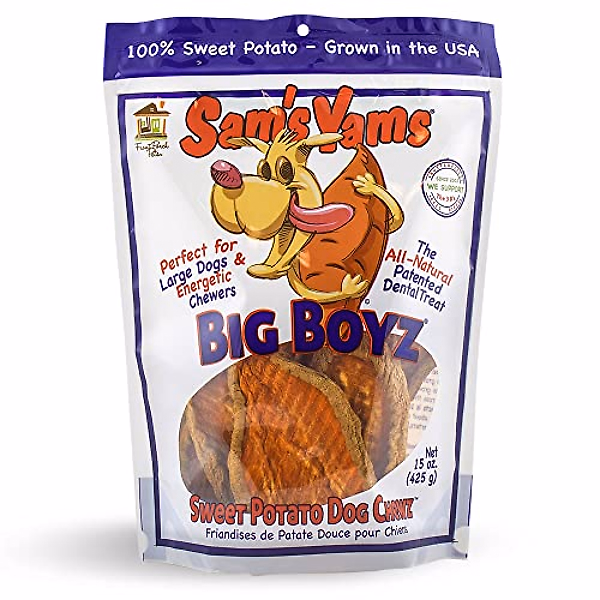 Sams Yams Sweet Potato Dog Treats, Healthy Dog Treats for Large Dogs - Sweet Potato Dog Treats Made in USA, High Fiber, Vegan Dental Chews - Big Boyz, Sweet Potato Dog Chewz, 15oz (Single Pack)