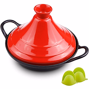 Casserole Dish with Lid Soup Pot Moroccan Cooking Tagine Pot, Enameled Cast Iron Tagine with Silicone Gloves, Tajine for Different Cooking Styles, Non-Stick Pot (27 cm) (Color : Red)