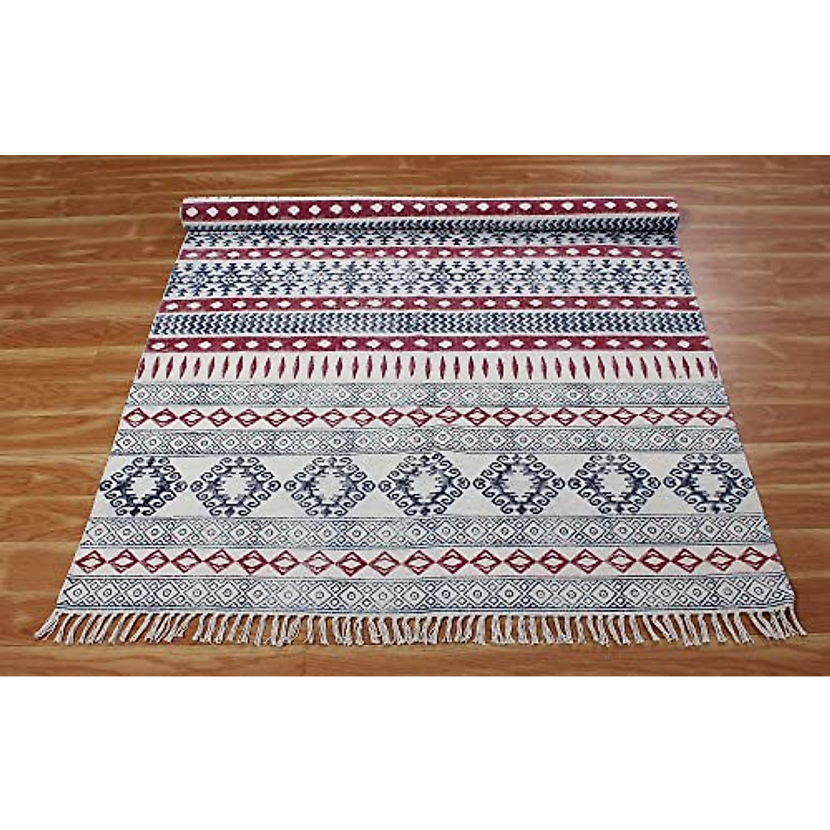 Casavani Hand Block Printed Cotton Dhurrie Geometric Red & Black Area Rug Doormat Floor Rug Indoor Area Rugs for Bedroom Living Room Laundry Room 3x5 Feet