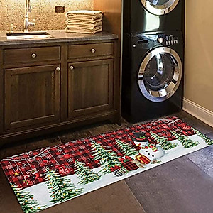 Libaoge Kitchen Mat Rug 1 PCS Christmas Snowman Xmas Tree Red Buffalo Plaid Runner Rug Anti-Fatigue Comfort Memory Foam Standing Mat Non-Slip Floor Door Mat for Bathroom Bedroom 18x59in