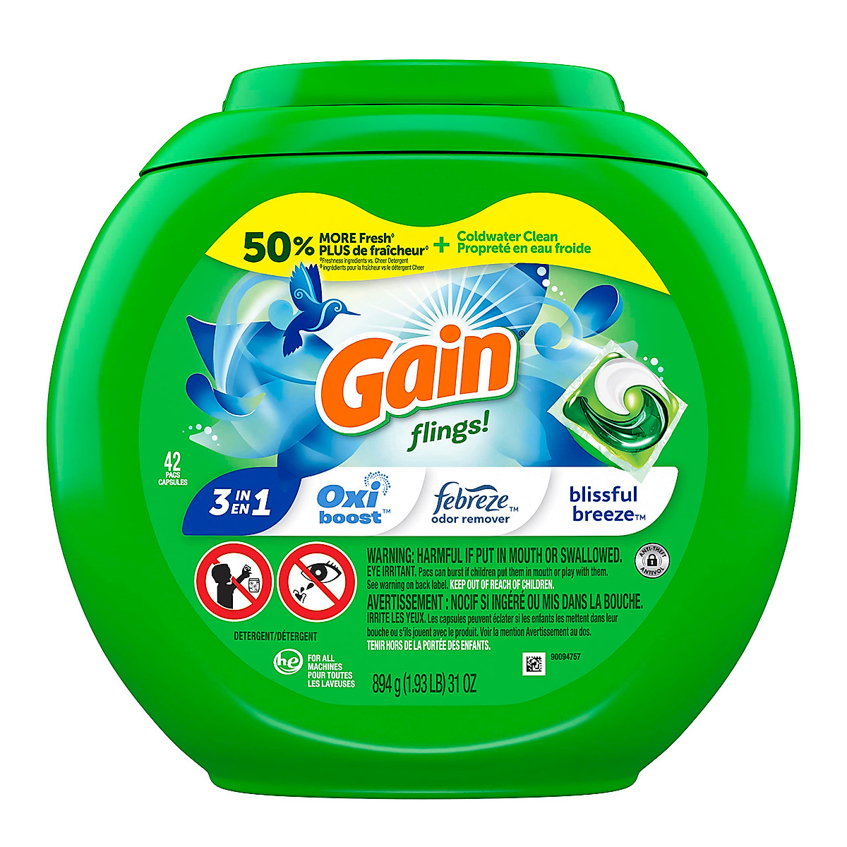 Gain flings Laundry Detergent Soap Pacs, HE Compatible, 42 Count, Long Lasting Scent, Blissful Breeze Scent (Pack of 2)
