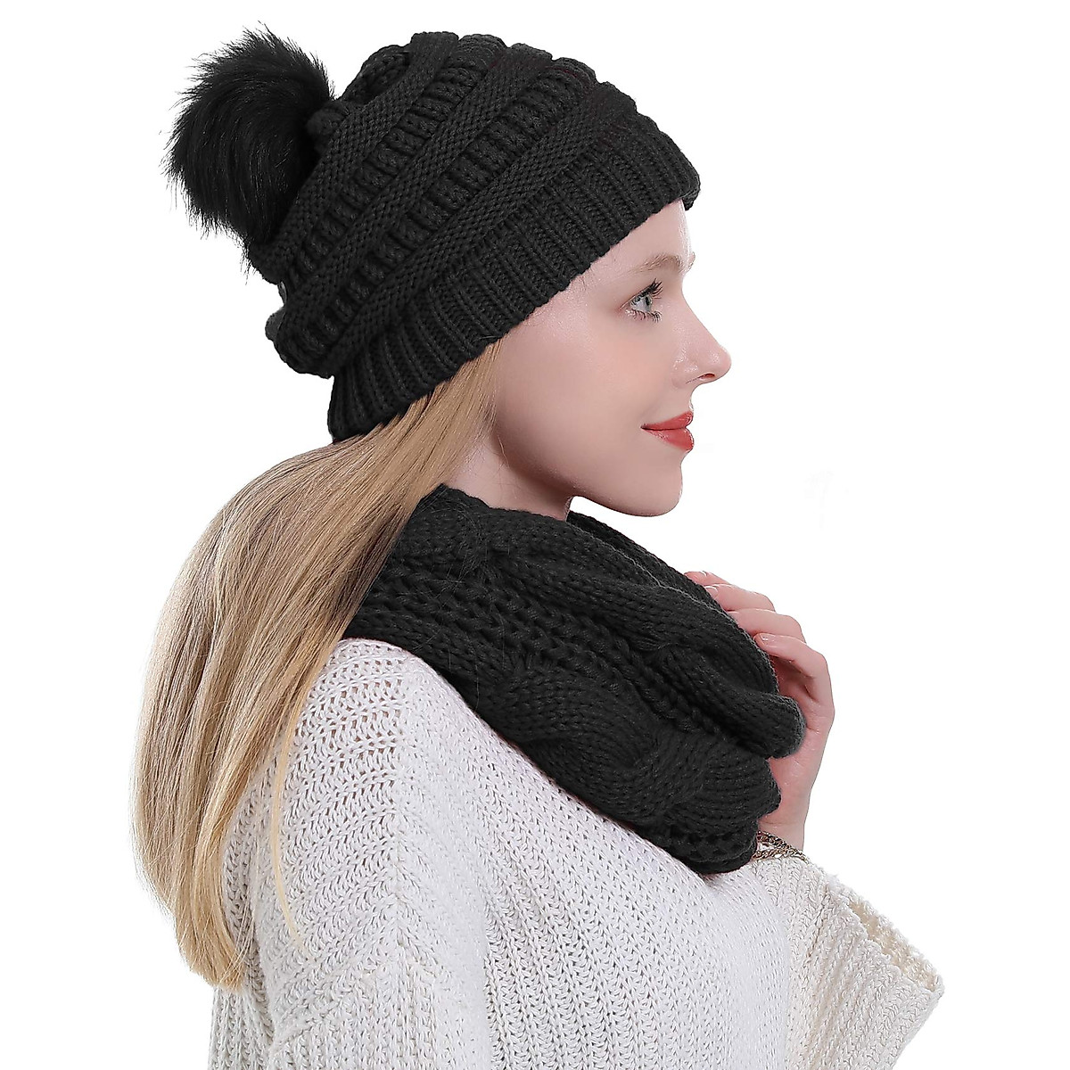 Double Couple Womens Scarf Beanie Hat with Faux Fur Ball Set Thick Winter Cable Knitted Circle Loop Infinity Scarfs for Women (Black Pom Pom Set)