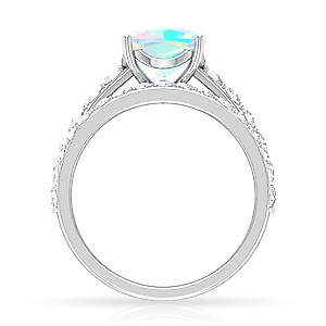 Certified Opal Wedding Ring Set, AAA Quality, Natural 8mm Cushion Cut Opal Engagement Ring with Moissanite Enhancer, 14K White Gold, Size:US 10.00