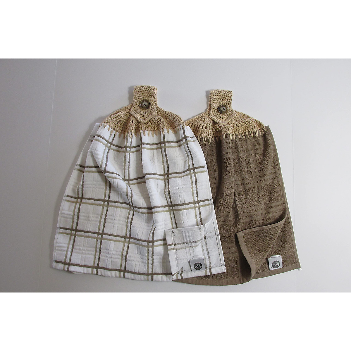 Set of 2 Tan Double Thickness Kitchen Towels - Hanging Towels - Light Brown & White Plaid Design with Cream Cotton Crochet Top - Moms Gift - Best Quality Towels