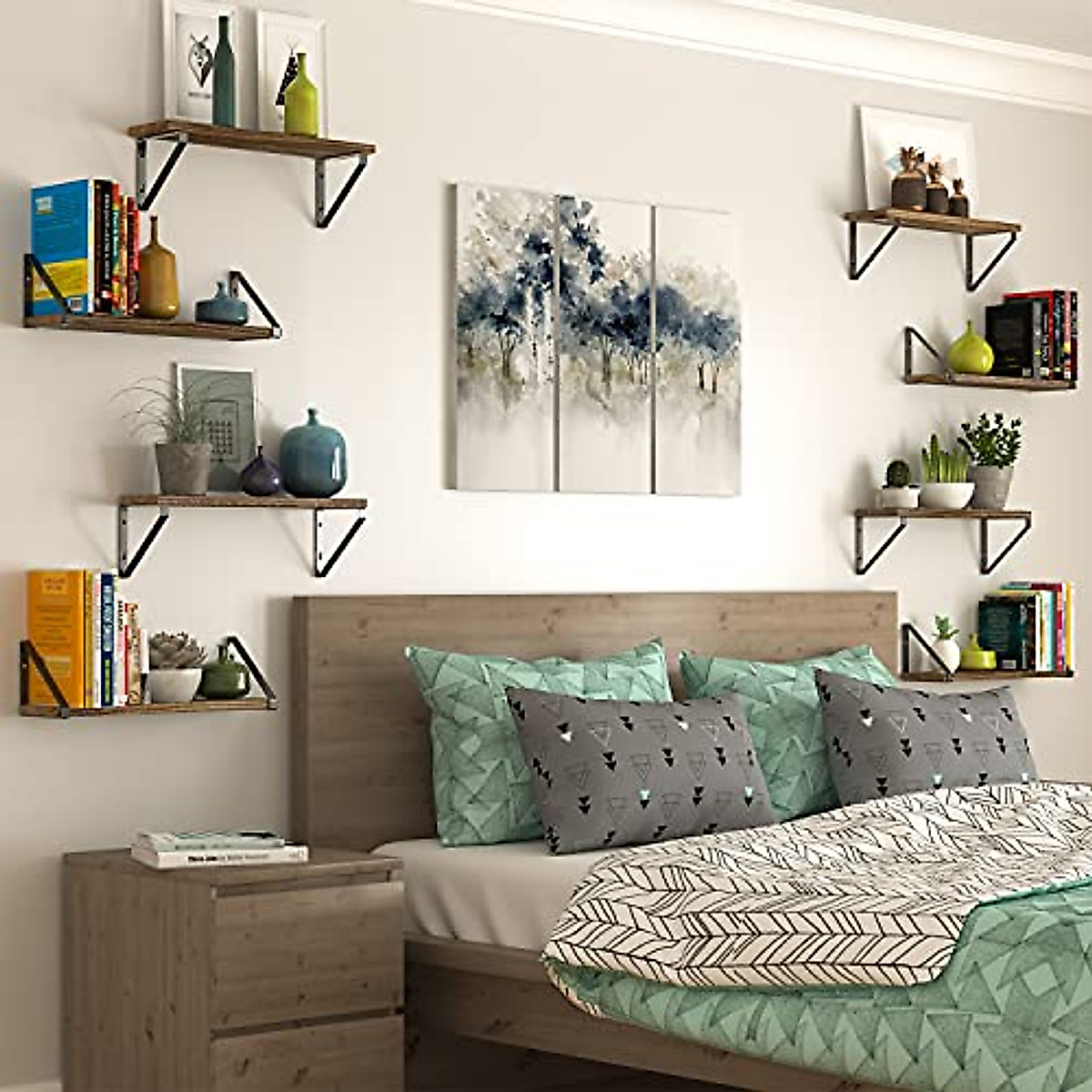 brightmaison BGT Mino Floating Shelves, 17" Book Shelves for Living Room Decor, Bathroom Organizer, Kitchen, Bedroom, Burnt Finish Set of 8