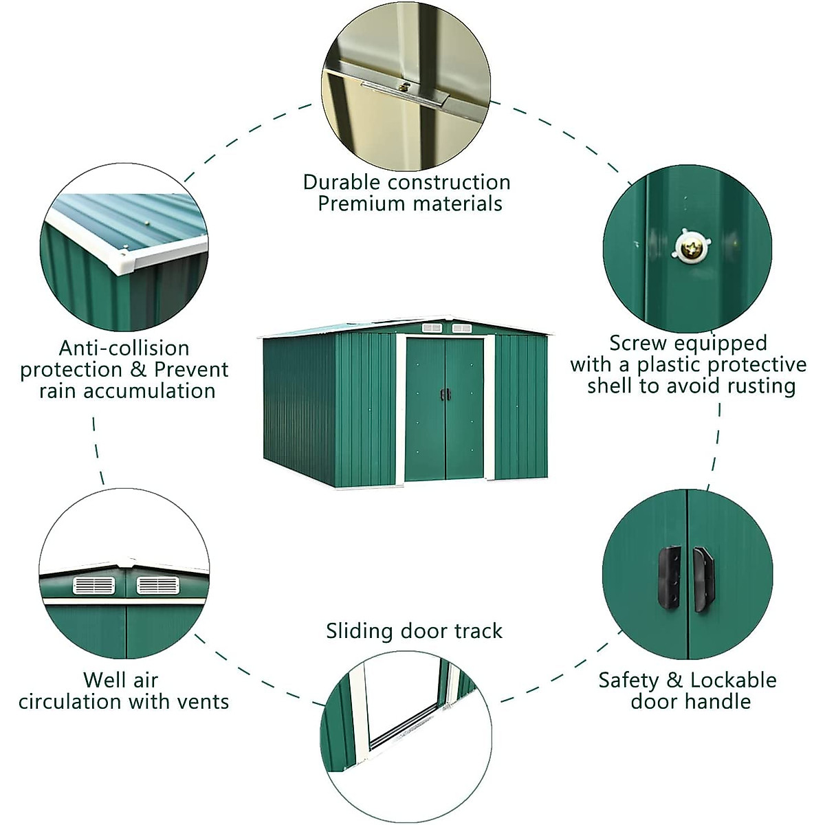 4ever2buy 8x10 Steel Shed, Outdoor Storage, White, UV Resistant, Modern Style, Sliding Doors, Green