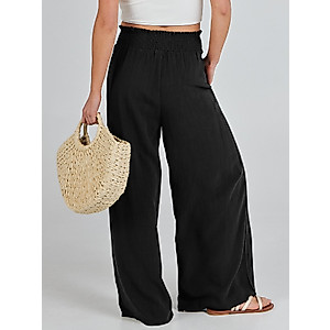 Caracilia Womens Linen Pants Wide Leg Palazzo Lounge Pant High Waisted Flowy 2024 Summer Beach Work Boho Casual Trousers Black Medium