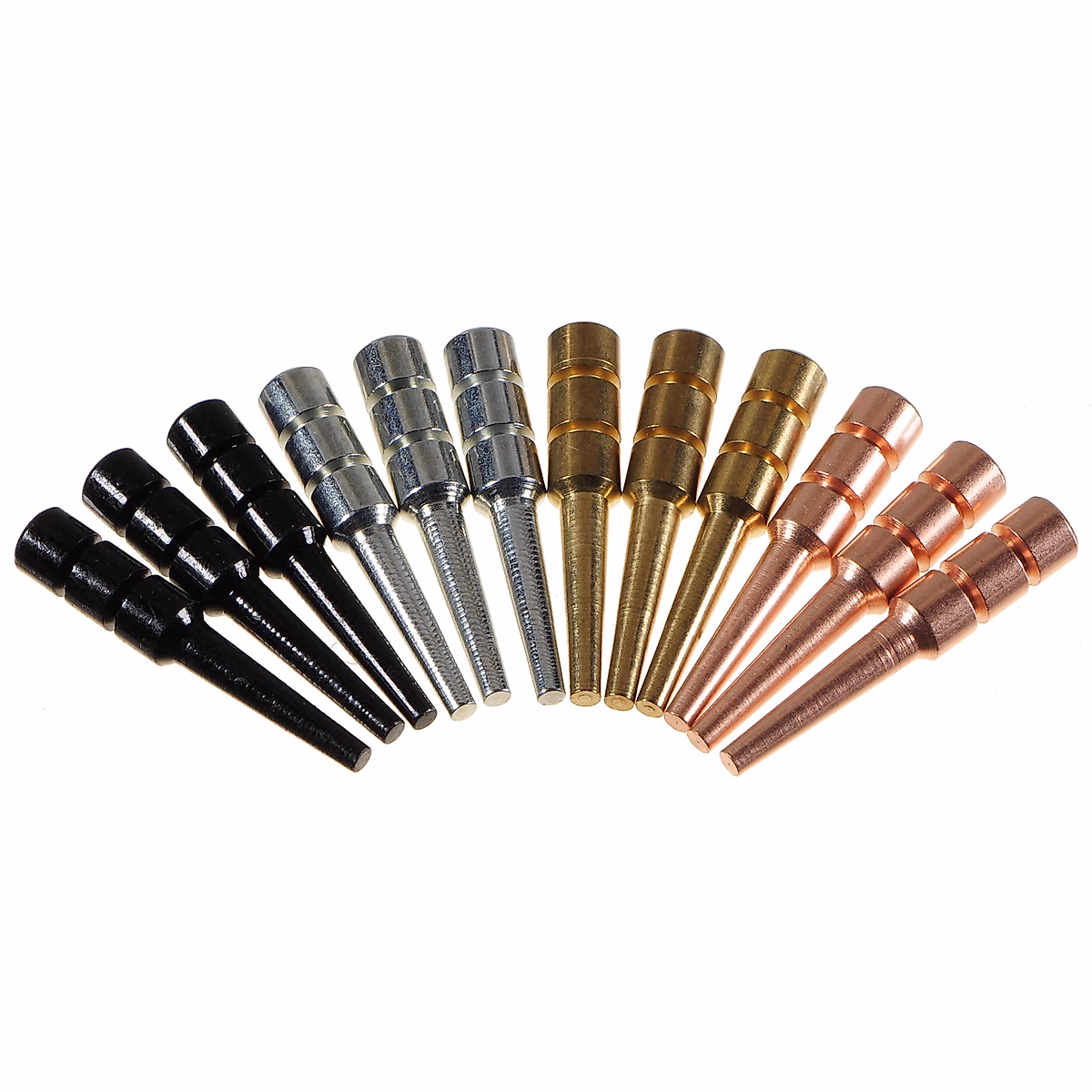 Premium Metal Cribbage Pegs, Set of 12, in Four, 1 5/16” Tall; Tapered to Fit 1/8 Holes, with Green Velveteen Drawstring Storage Pouch