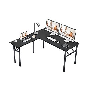 DlandHome Reversible L-Shaped Desk Large Corner Desk Folding Table Computer Desk Home Office Table Computer Workstation, Brown Black, ND11
