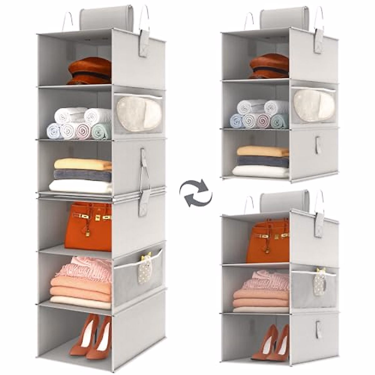 Fixwal 2 Pack 3-Shelf Hanging Closet Organizer 6-Shelf Separable Hanging Shelves Collapsible Hanging Storage Shelf for Bedroom College Dorm Pantry Camper RV, Gray