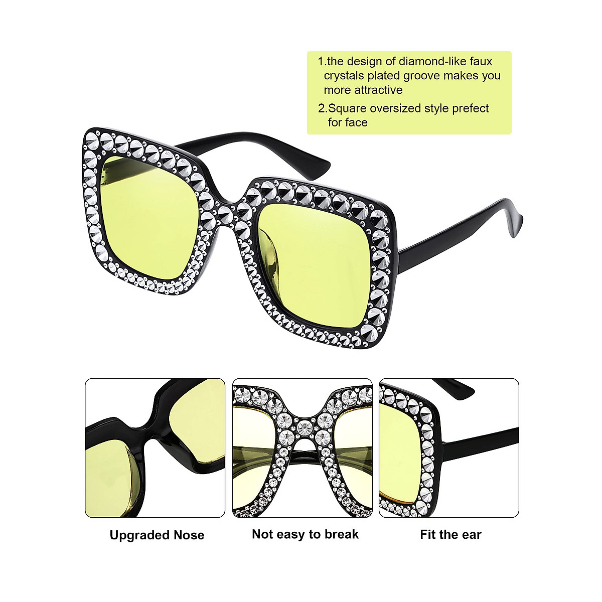Frienda Crystal Oversized Sunglasses Square Diamond Sunglasses Rhinestone Frame Sunglasses for Women (Chic Colors,12 Pairs)