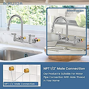 Airuida Chrome Polish Wall Mount Kitchen Sink Faucet, Wall Mounted Faucet 8 Inches Center, Wall Mount Commercial KinkFaucet, 2 Handle Restaurant Tap Swivel Spout Wall Mounted Utility Sink Faucets