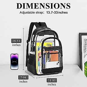 KIMNERPU Clear Backpack, Heavy Duty PVC Transparent Backpack with Reinforced Straps, See Through Multiple Pockets Large Capacity Bookbag for Concert Work Security Travel Festival (Black)