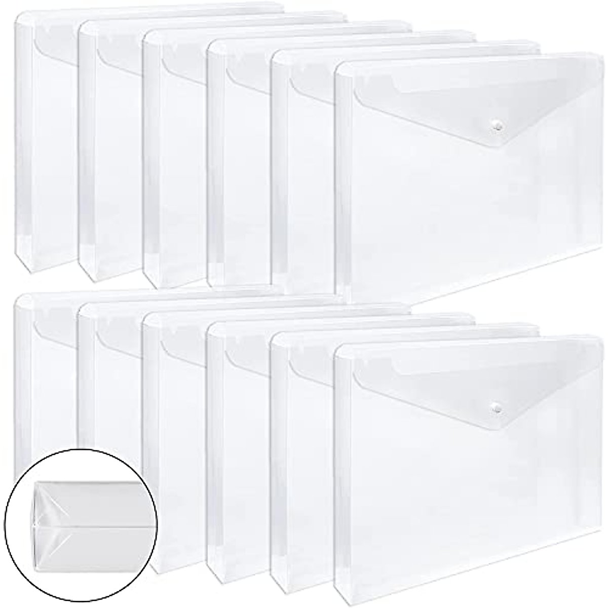 EOOUT 12pcs Plastic Envelopes, Clear Folders, Expandable Gusset and Plastic Waterproof Envelope with Snap Button Closure, Letter Size, A4 Size, for School and Office Suppiles
