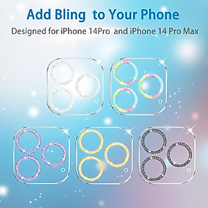 Dengduoduo 【3 Pack】 Tempered Glass Camera Lens Protector for iPhone 14 Pro 6.1" & iPhone 14 Pro Max 6.7", Glitter Bling Diamond, Ultra HD, 9H Hardness, Anti-Scratch, Case Friendly, Easy to Install