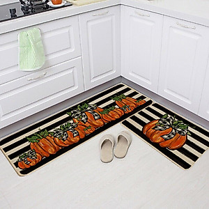 GEEORY Fall Kitchen Mats Set of 2, Striped Pumpkins Bowknot Floor Mat Farmhouse Seasonal Holiday Thanksgiving Decorations 17x29 and 17x47 Inch (Striped) GK068