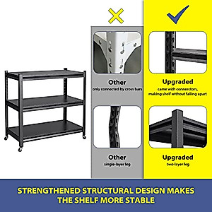 3 Tier Metal Storage Racks with Wheels, Mobile Garage Shelves Unit 17.7" D x 33.9" W x 31.5" H, Rolling Kitchen Racks, for Garage Pantry Home Office