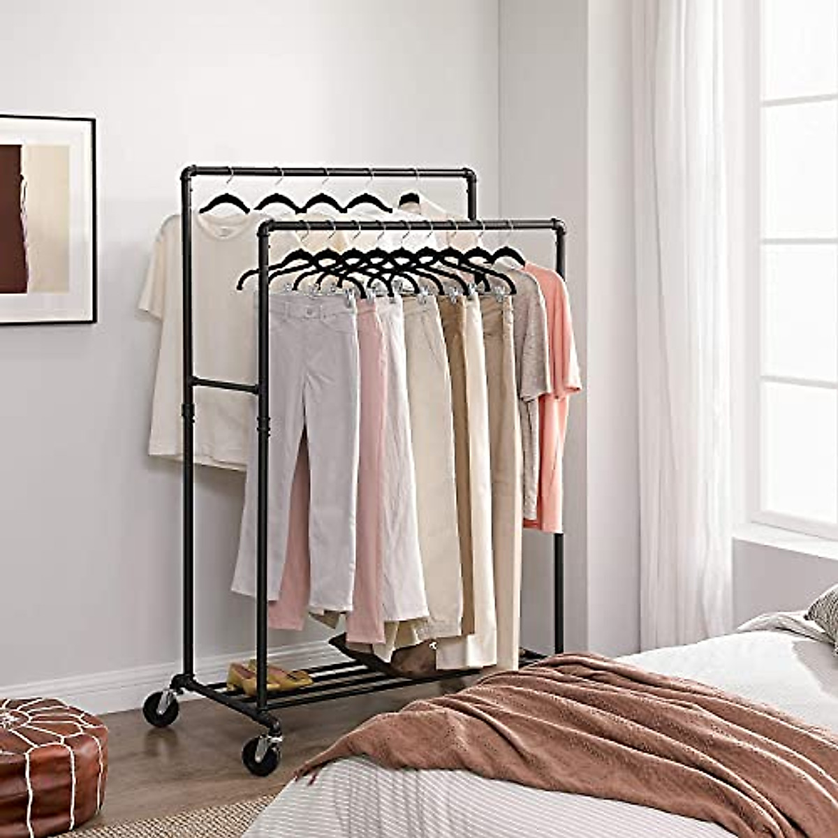 SONGMICS Industrial-Style Pipe Clothes Rack Bundle with 30 Clothes Hangers, Rolling Garment Rack with Bottom Storage Shelf, Velvet Hangers with Adjustable Clips, Black UHSR60B and UCRF12B30