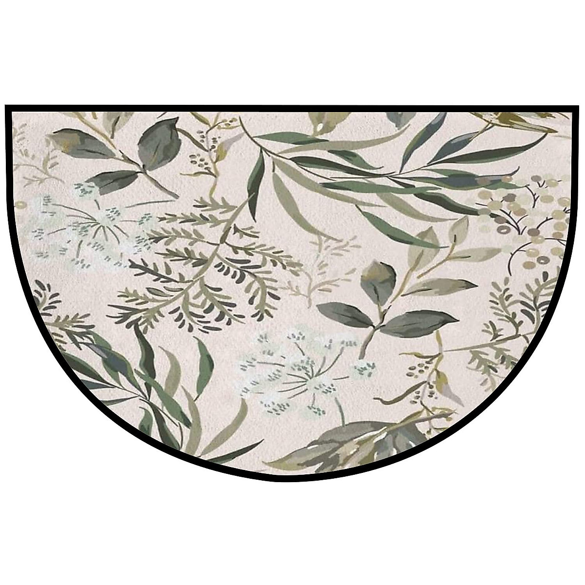 Half Round Door Mat Ferns and Leaves On Beige Sage Green and Light Brown Door Mat Outdoor Entrance, for Outside Entry 24x36 in Indoor Non-Slip semi-Circular Doormat Entrance Bathroom Floor Carpet