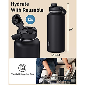 TOURIT 32 oz Insulated Water Bottle, Stainless Steel Sports Water Bottles With Top Handle, Double-Wall Travel Thermal Water Flask, BPA Free Leakproof Thermos Bottle for Sports and Travel (Obsidian)