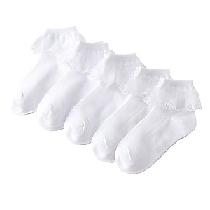 Xiyadun 5 Pairs Toddler Baby & Child Girls Ruffle Lace Ankle Cotton Dress Socks (M for 3-6 Years, Eyelet White)